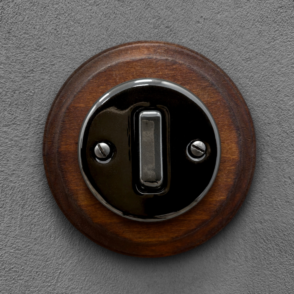 Black Ceramic Flush Mount SPDT Rocker Switch with Dark Wood Frame ...